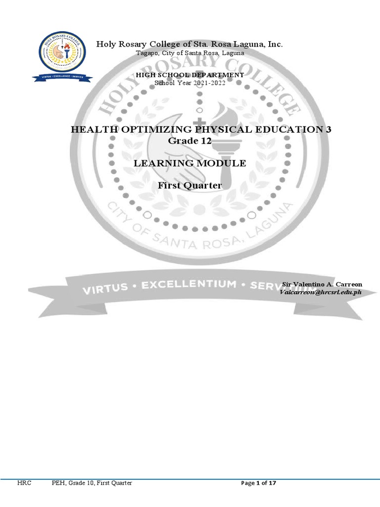 Health Optimizing Physical Education 3 Grade 12 Learning Module First ...