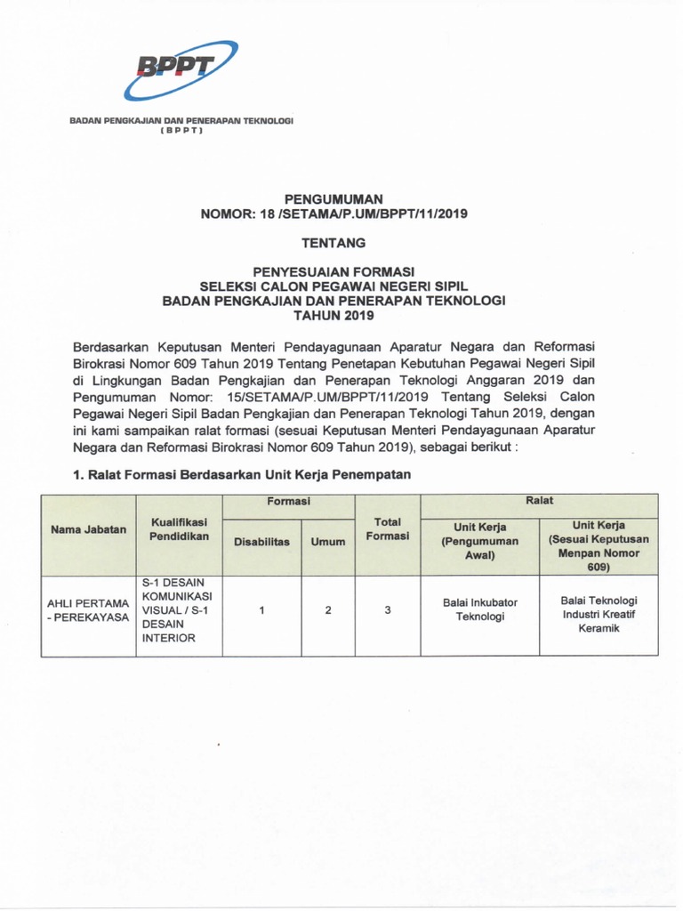 Pengumuman Penyesuaian Formasi CPNS BPPT 2019 | PDF