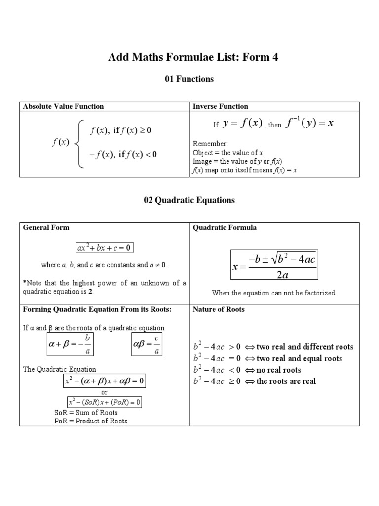 SPM Add Maths Formula List Form4 | PDF | Slope | Sine