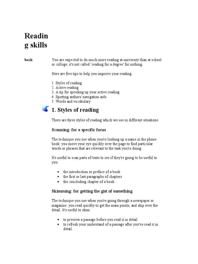 Readin G Skills: 1. Styles of Reading | PDF | Phonics | Fluency