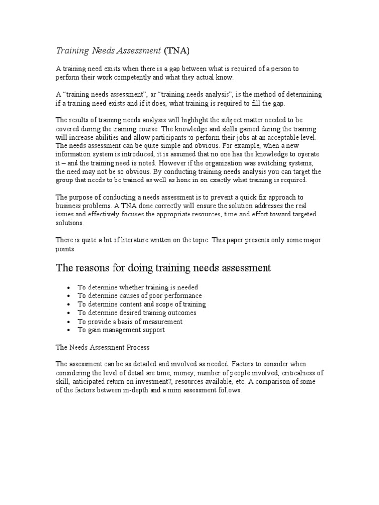 Training Needs Assessment | PDF | Needs Assessment | Cognition