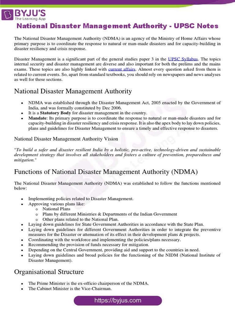 National Disaster Management Authority UPSC | PDF | Emergency ...