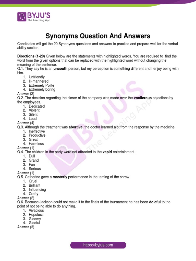 Synonyms Question and Answers | PDF | Linguistics | Grammar