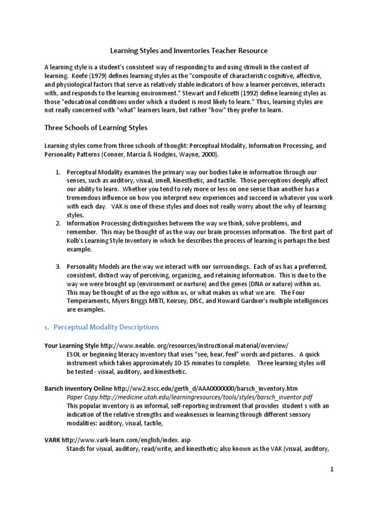 Learning Styles and Inventories Teacher Resource: 1. Perceptual ...