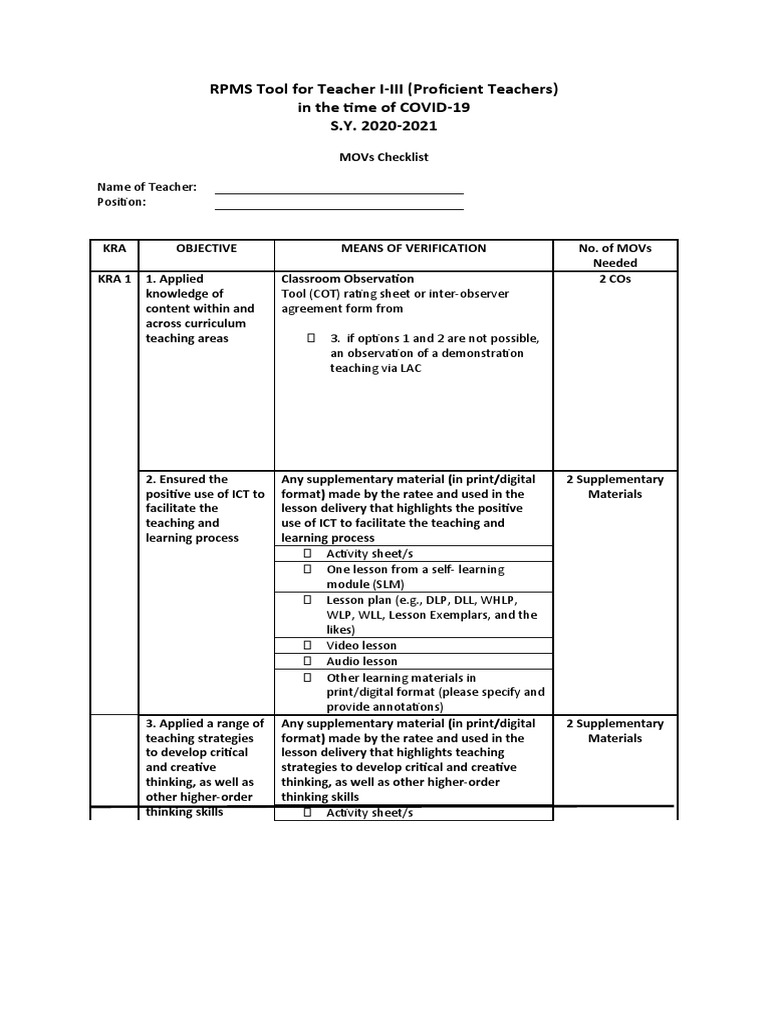 RPMS MOV-Checklist | PDF | Educational Technology | Learning
