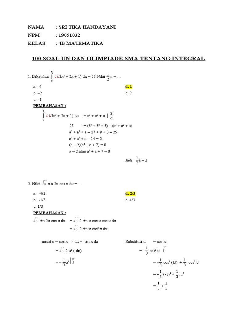 100 Soal Dan Pembahasan Integral, Sri Tika | PDF