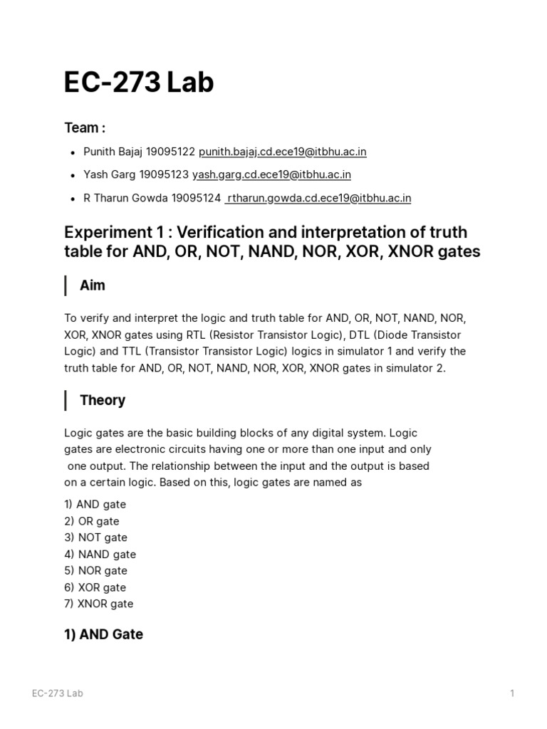 EC-273 Lab: Experiment 1: Verification and Interpretation of Truth Table For AND, OR, NOT, NAND ...