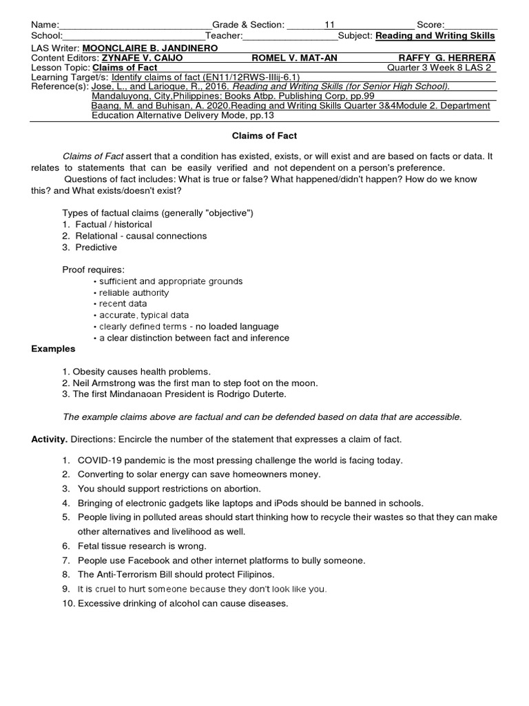 Grade 11 Reading and Writing Skills Quarter 3 Week 8 Las 2 | PDF