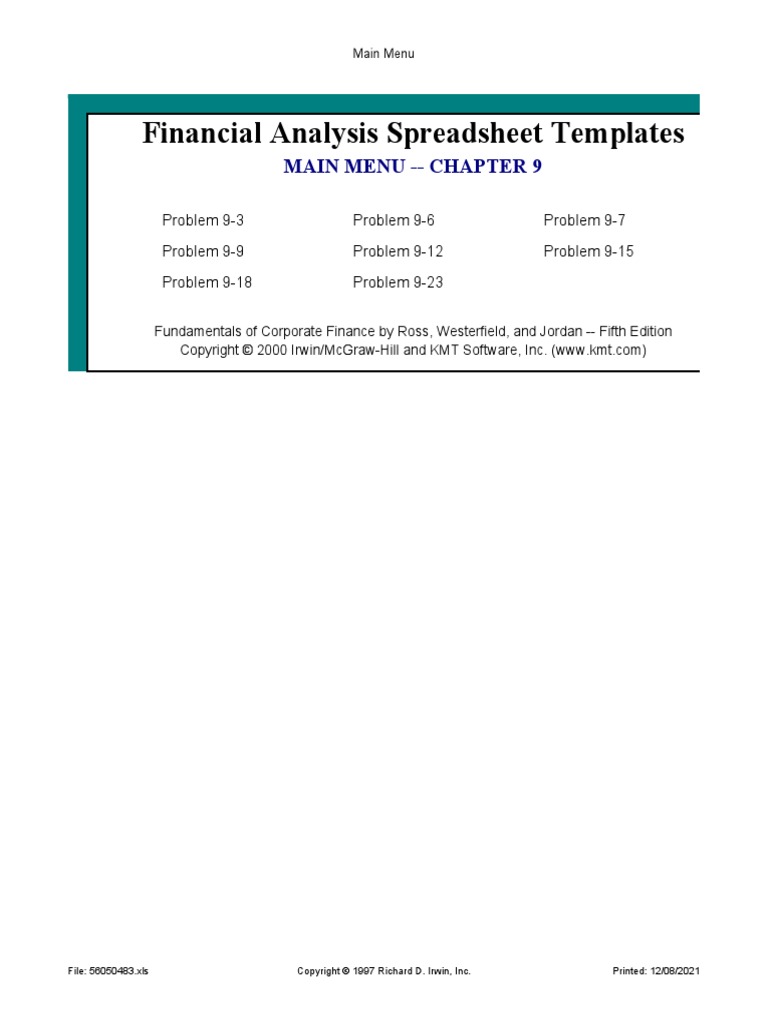 Financial Analysis Spreadsheet Templates: Main Menu - Chapter 9 | PDF ...
