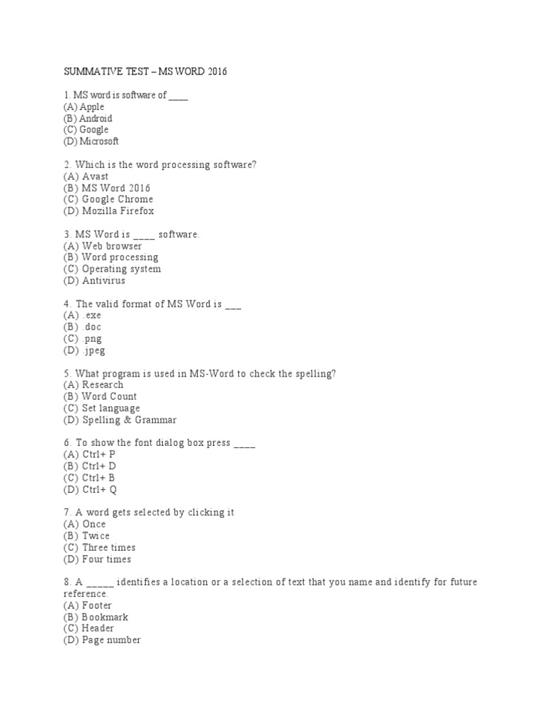 Summative Test - MS Word 2016 | PDF