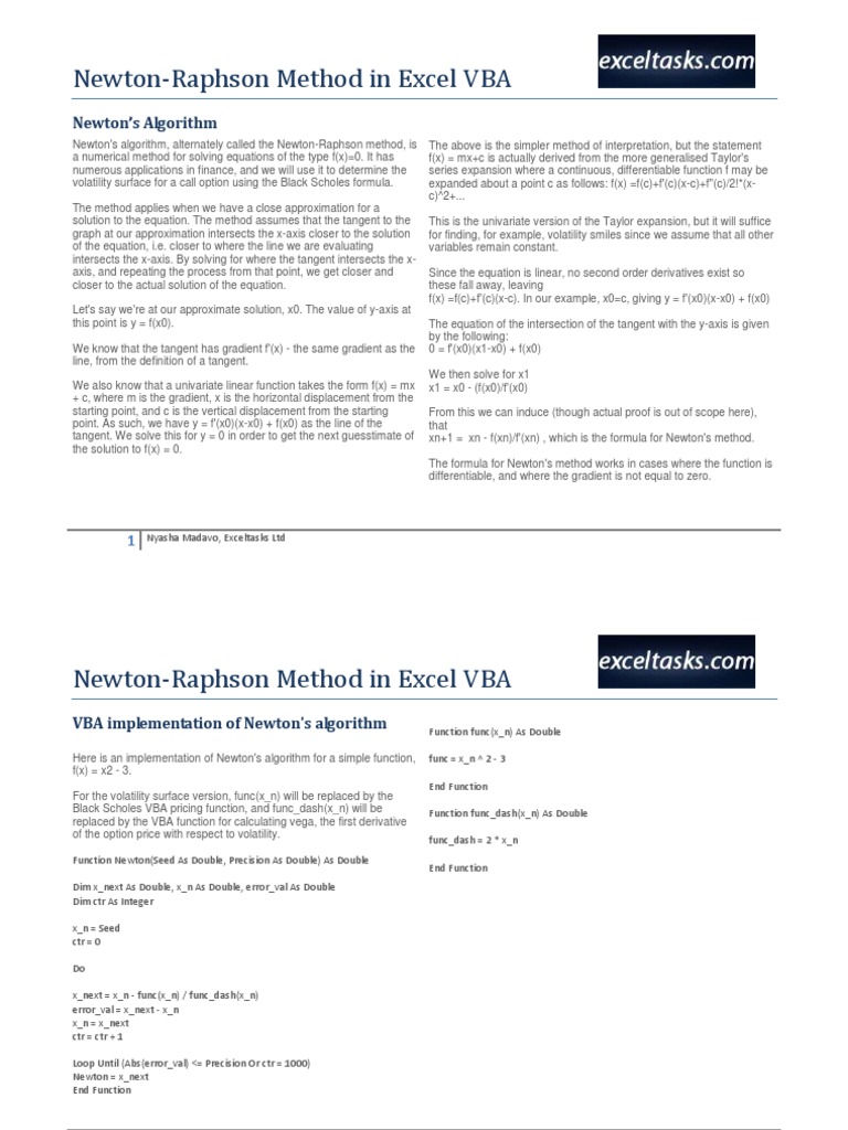 Newton-Raphson Method in Excel VBA | PDF | Equations | Derivative