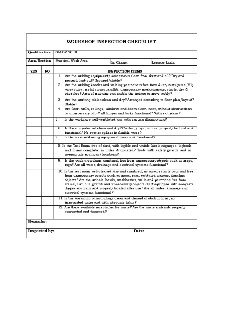 Workshop Inspection Checklist | PDF | Manufactured Goods | Building ...