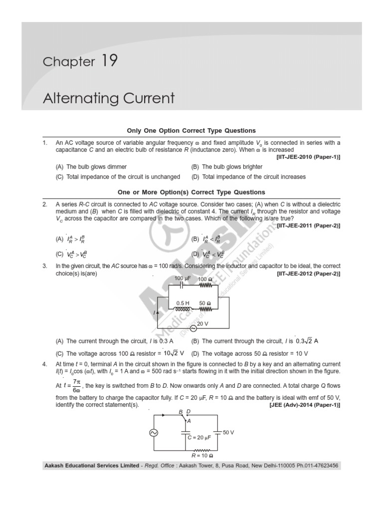 Aakash Alternating Current MCQ | PDF | Electrical Network | Voltage