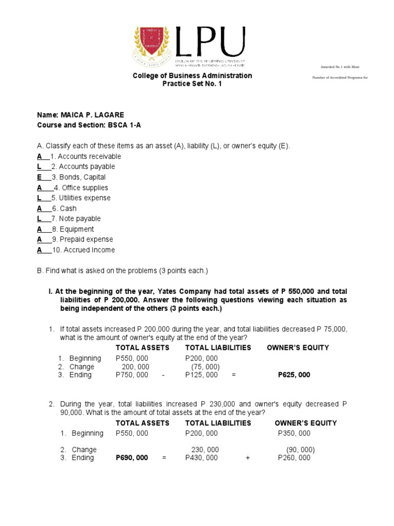 Basic Accounting Practice Set Answers | PDF | Equity (Finance ...