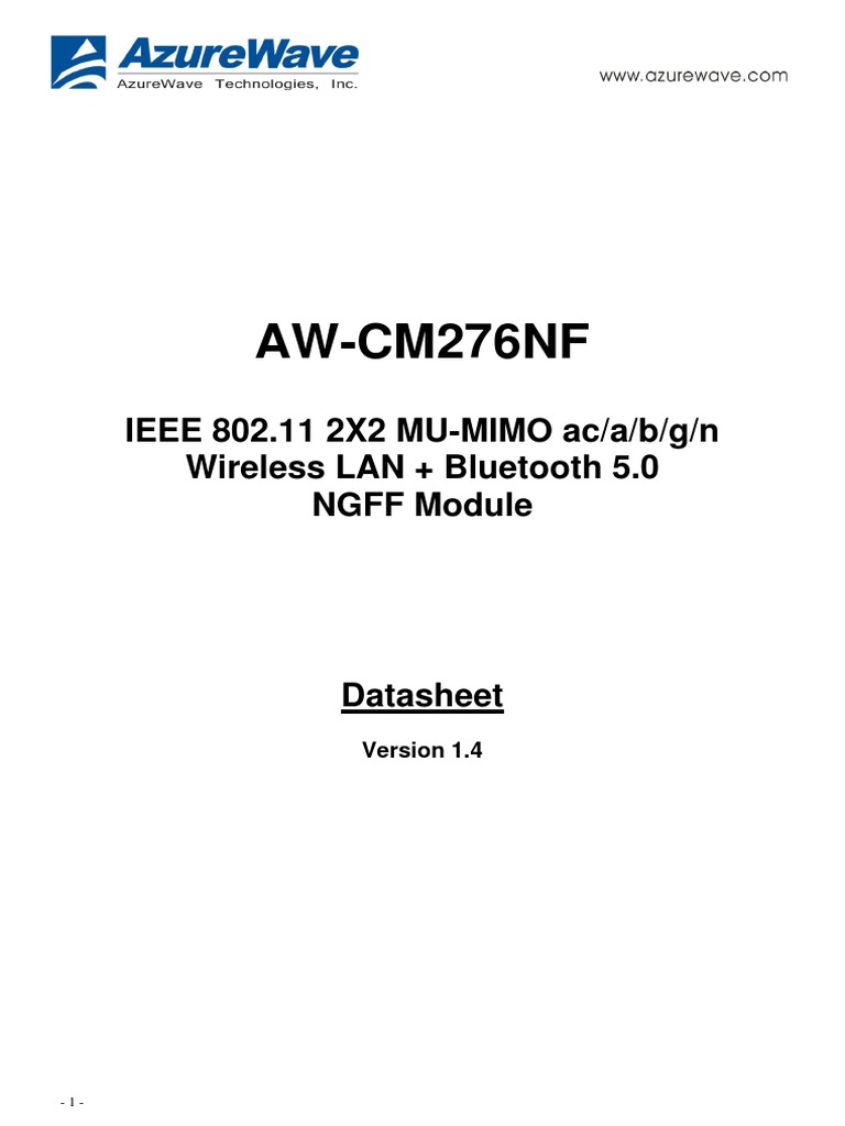 AW-CM276NF: IEEE 802.11 2X2 MU-MIMO Ac/a/b/g/n Wireless LAN + Bluetooth ...