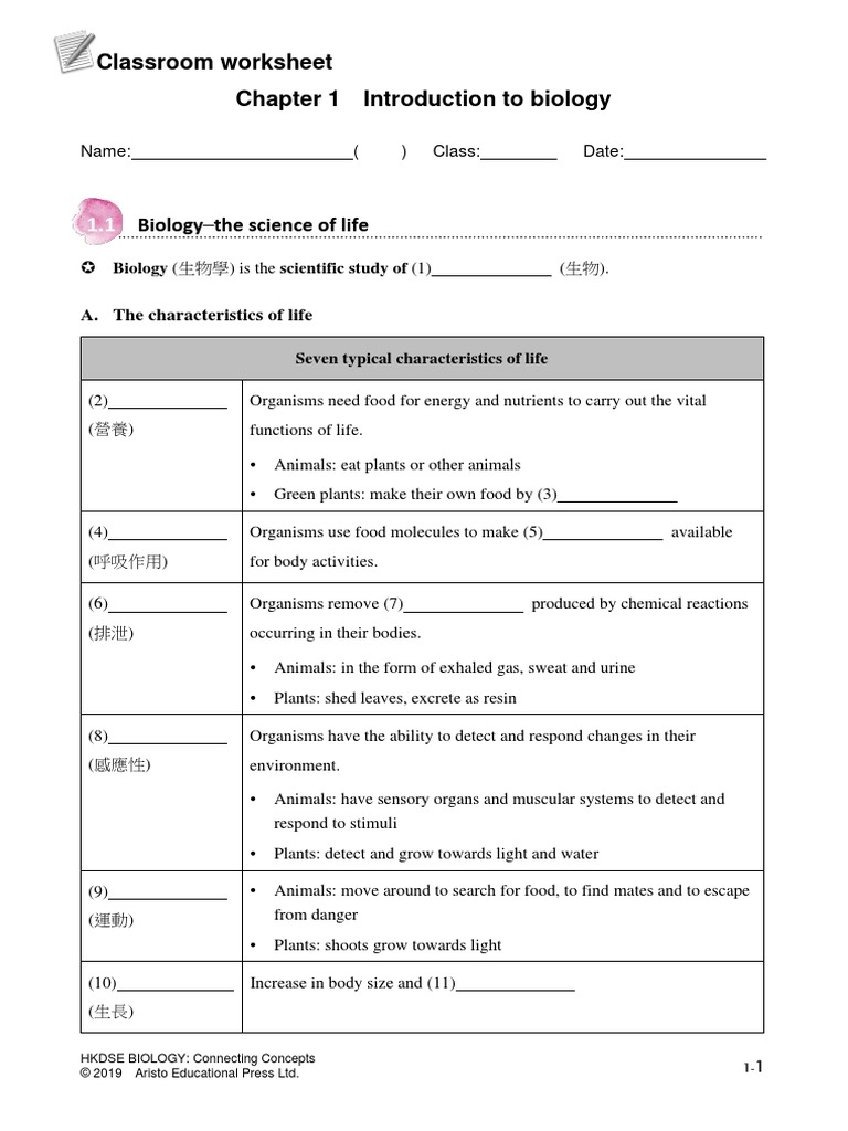 Classroom Worksheet Chapter 1 Introduction To Biology: Biology The ...