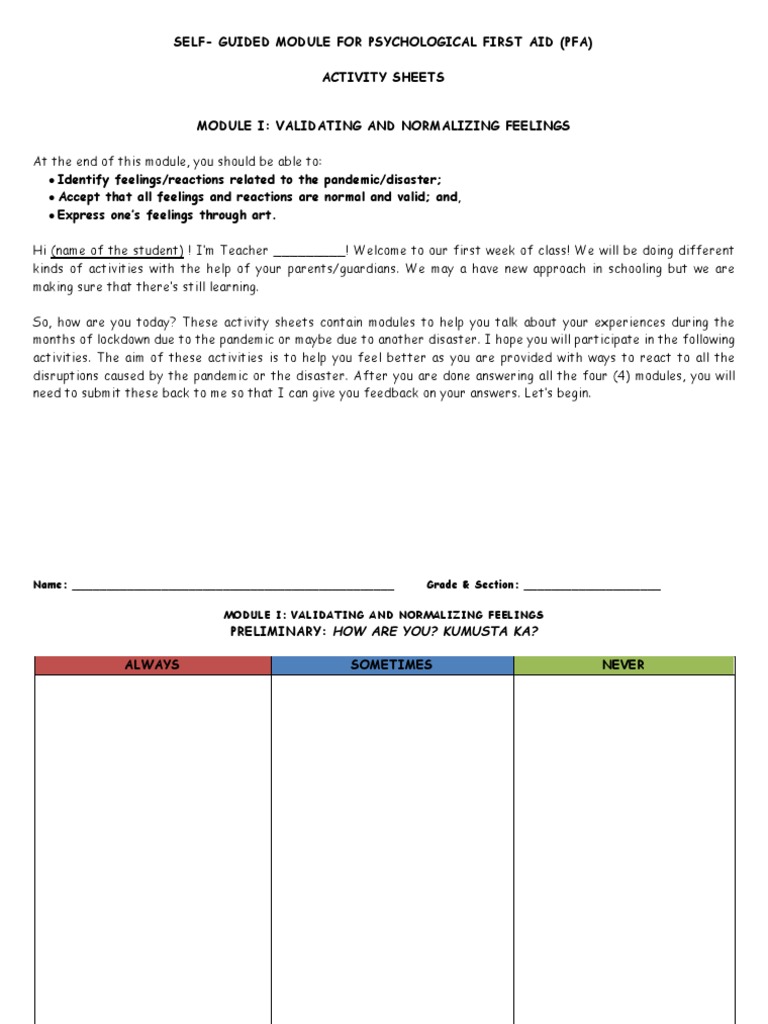 PFA Activity Sheets Module 1 | PDF | Feeling | Emotions