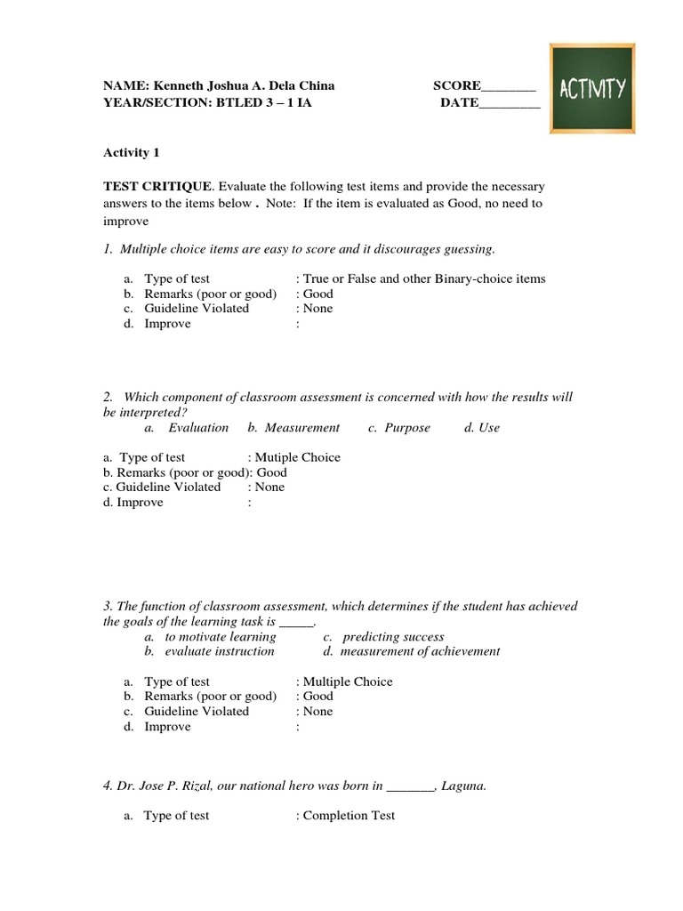 Lesson 4 - Activity 1 | PDF | Multiple Choice | Educational Assessment
