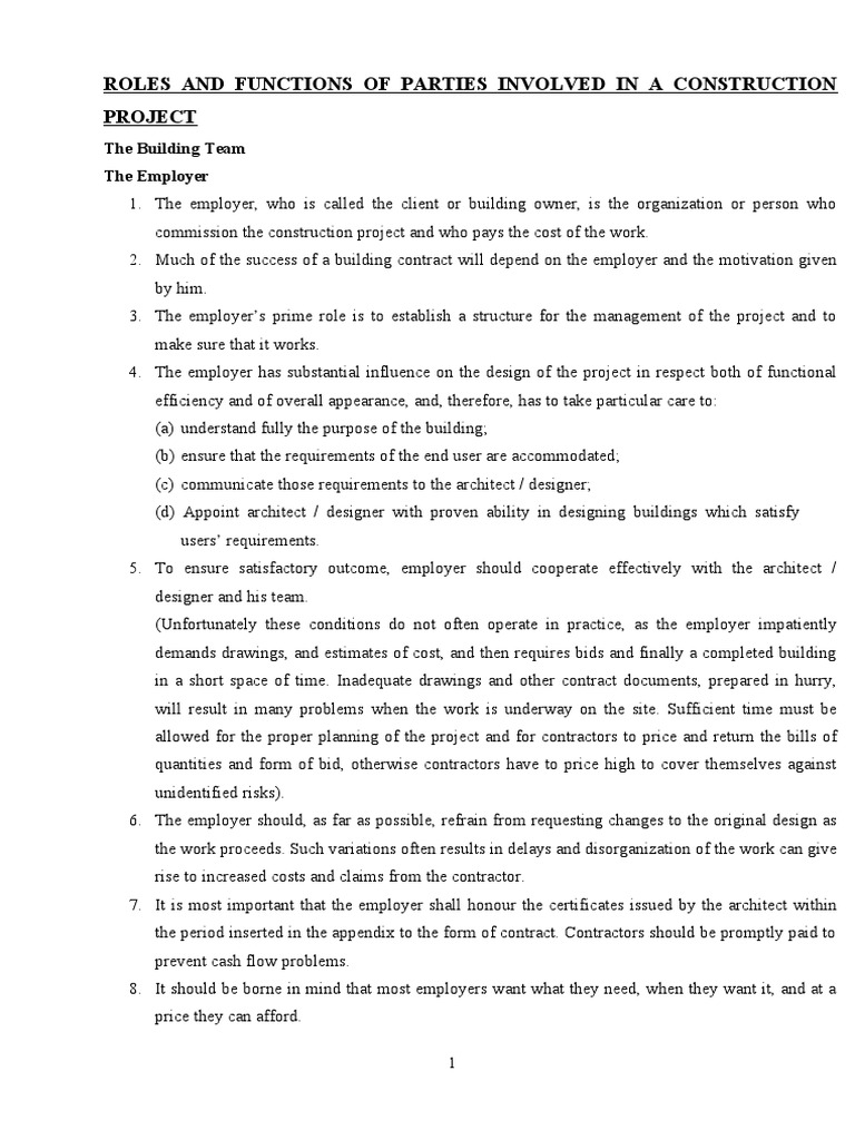 Roles and Functions of Parties Involved in A Construction Project | PDF ...