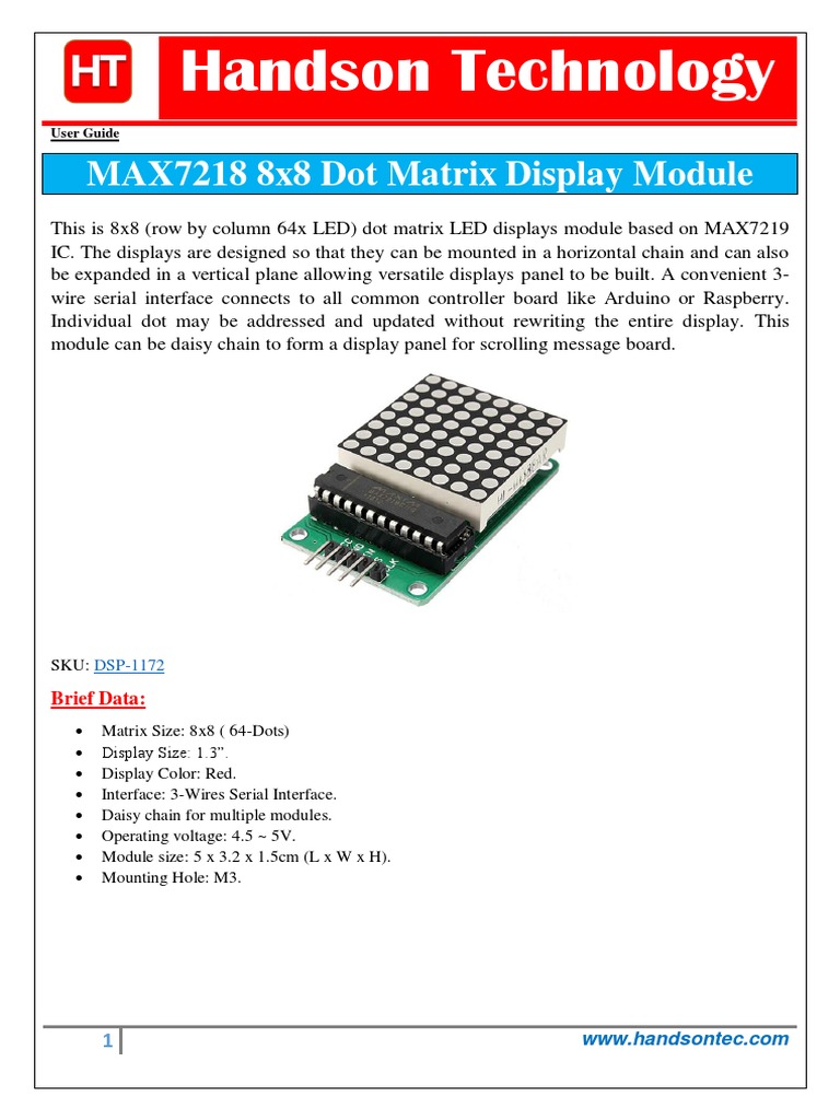 Handson Technology: MAX7218 8x8 Dot Matrix Display Module | PDF ...