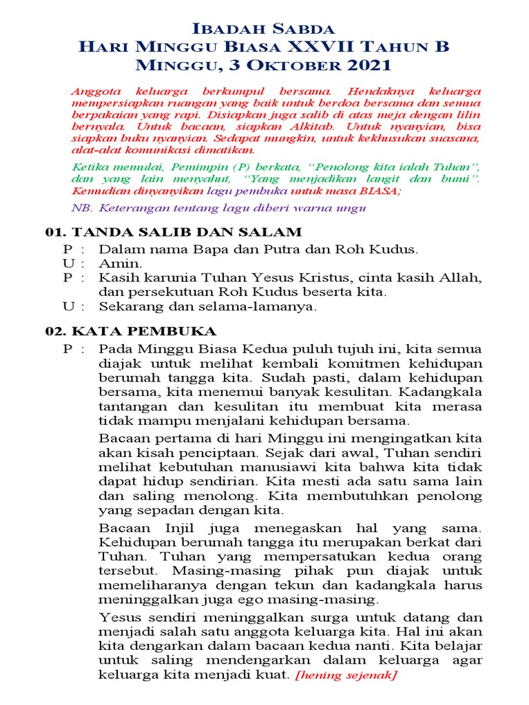 Ibadah Sabda Hari Minggu Biasa XXVII Tahun B | PDF
