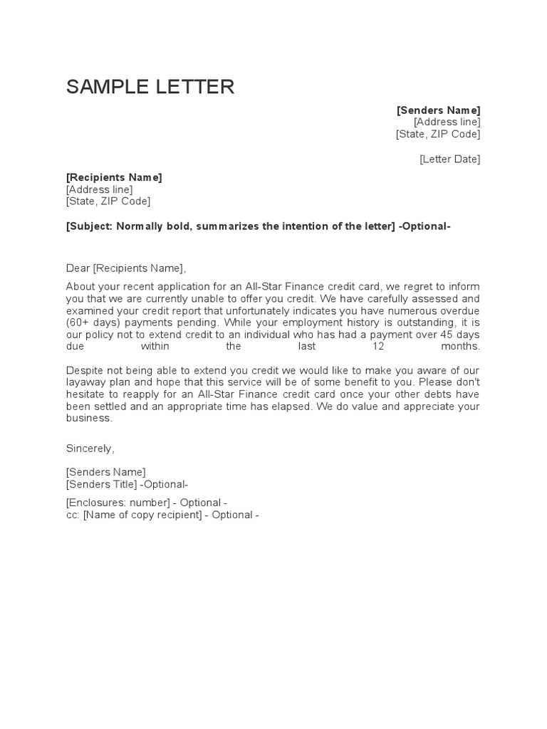 Sample Letter Credit Rejection | PDF