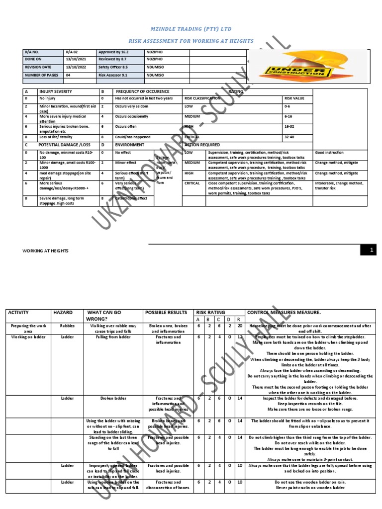 Mzindle Trading (Pty) LTD Risk Assessment For Working at Heights | PDF ...