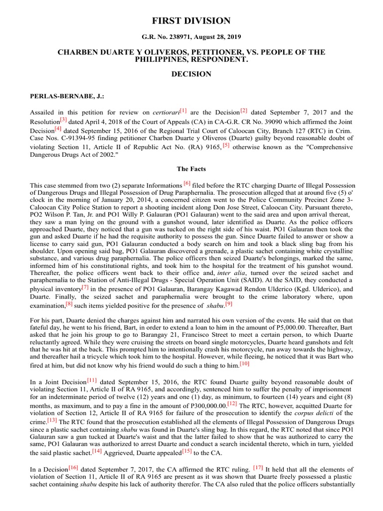 First Division: Charben Duarte Y Oliveros, Petitioner, vs. People of ...