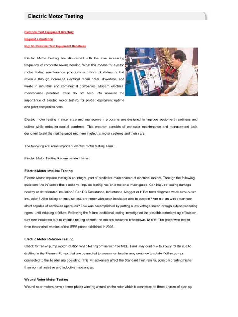 Electric Motor Testing | PDF | Electric Motor | Electrical Resistance ...