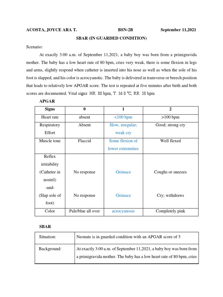 ACOSTA, Joyce Ara, SBAR 2 (In Guarded Condition) | PDF | Heart Rate ...