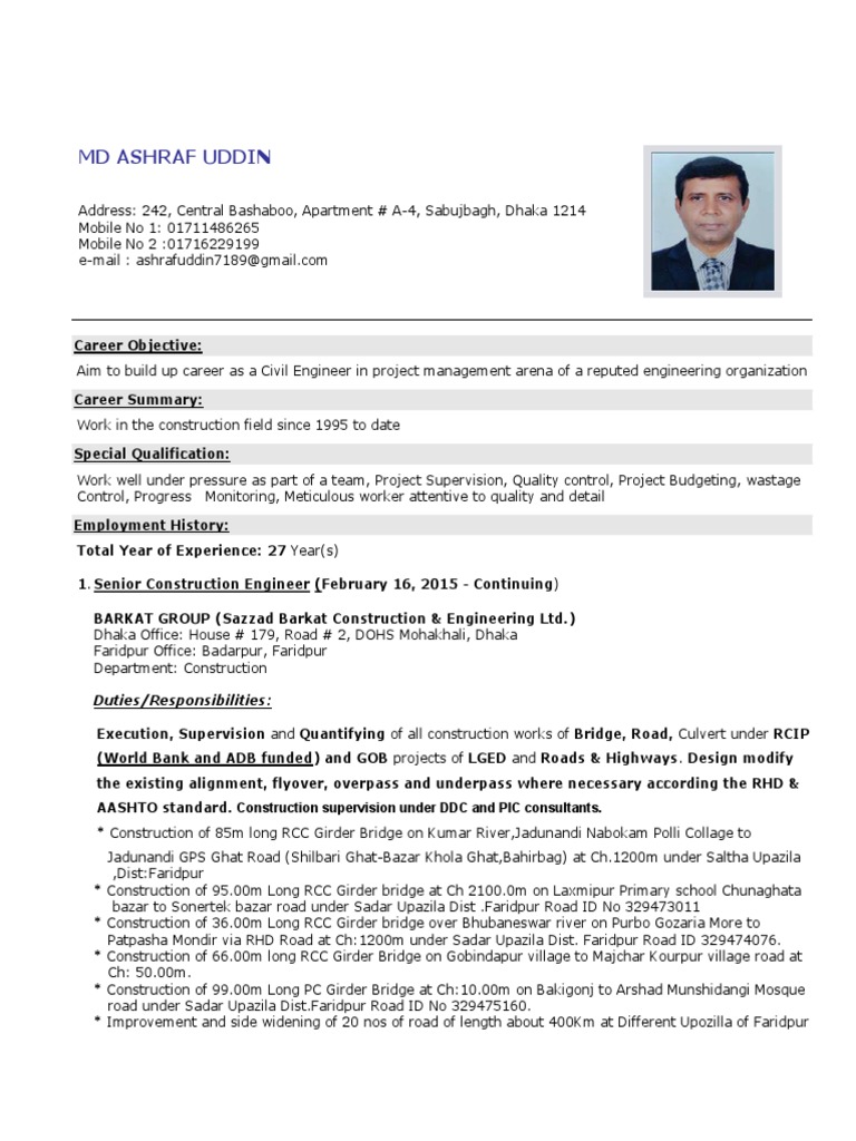 MD Ashraf Uddin - Supervision Engineer - BSC - KUET - 27 Yr Exp | PDF | General Contractor ...
