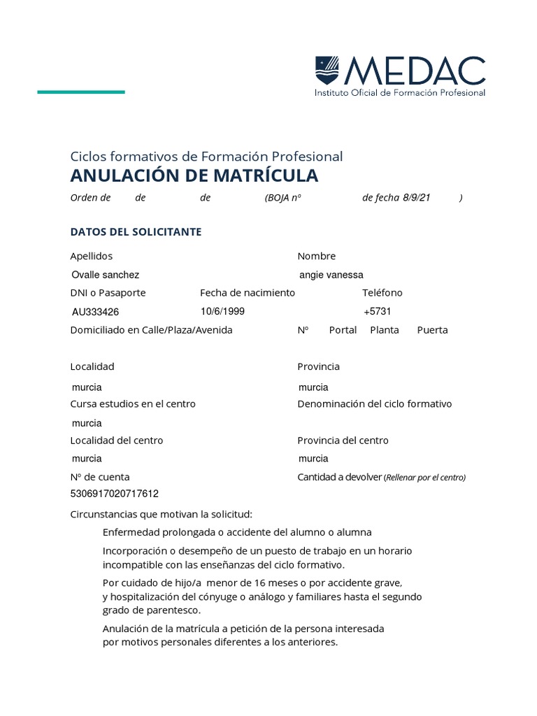 Solicitud de anulación de matrícula en un ciclo formativo de Formación ...