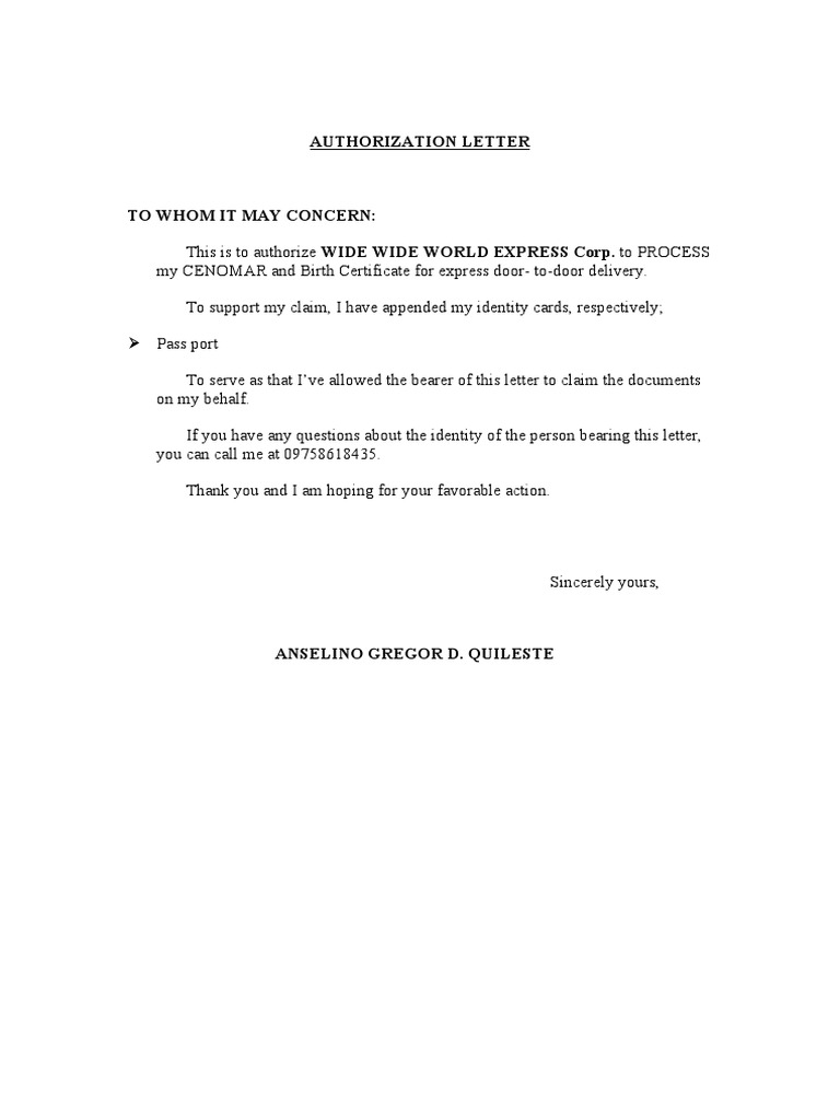 Authorization Letter Vell 2 | PDF