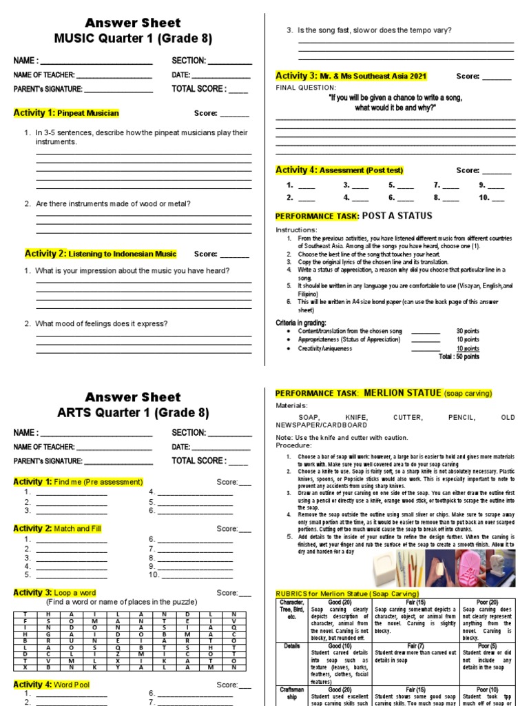 Grade 8 Music and Arts Answer Key | PDF | Physical Fitness | Attitude ...