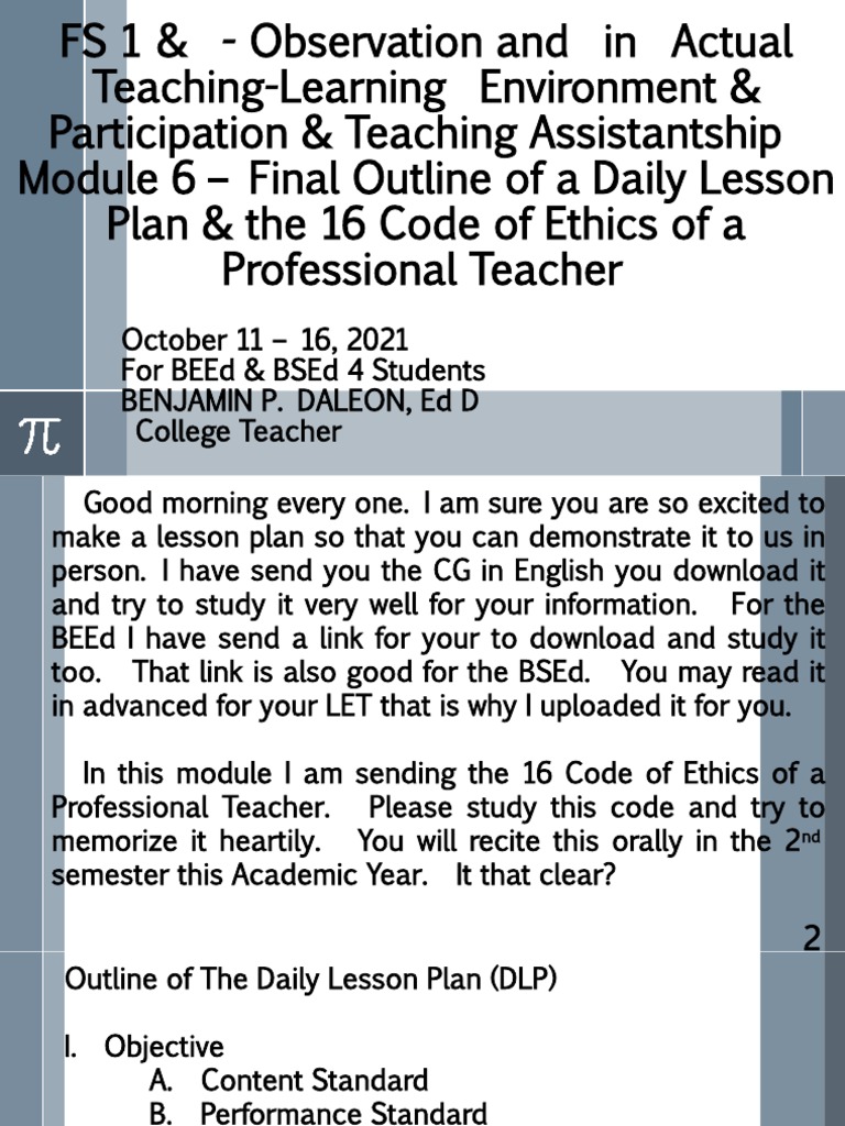 FS 1 2 - Outline of A Lesson Plan The 16 Code of Ethics of A ...