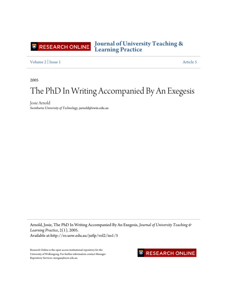 The PHD in Writing Accompanied by An Exegesis: Journal of University ...