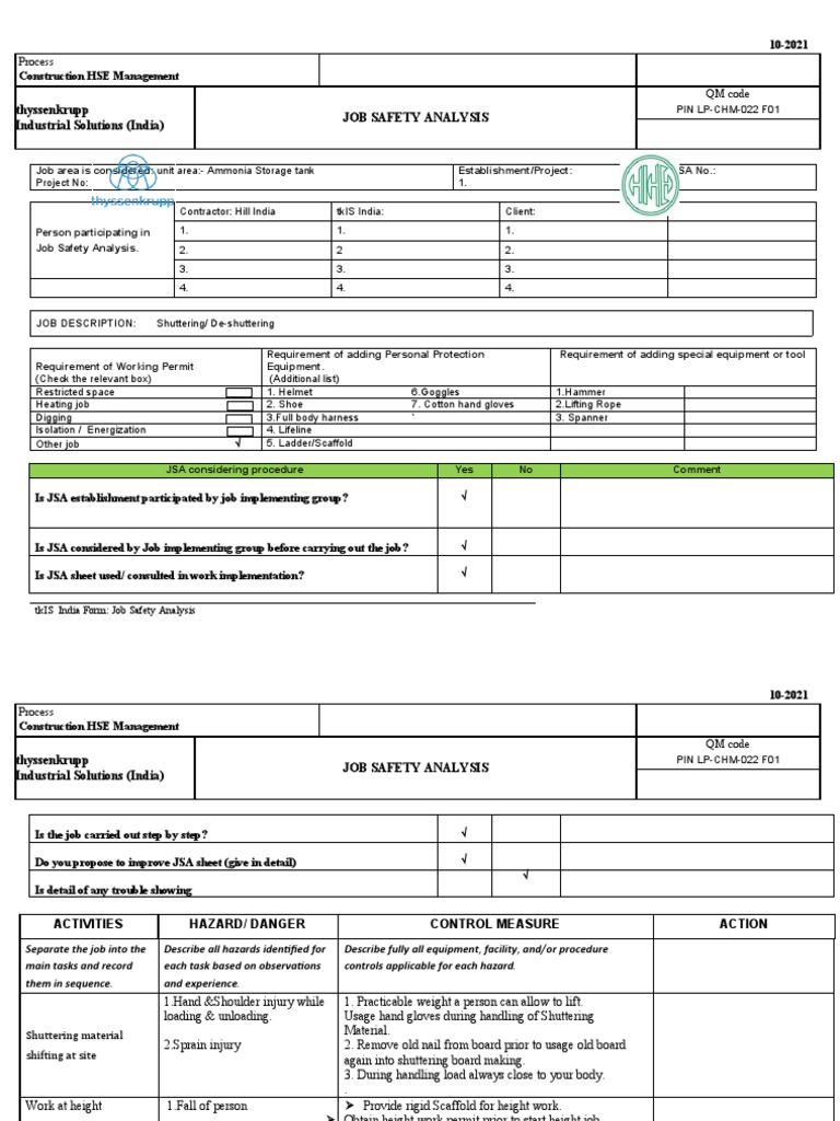 Shuttering/De-shuttering Work: A Job Safety Analysis for Construction ...