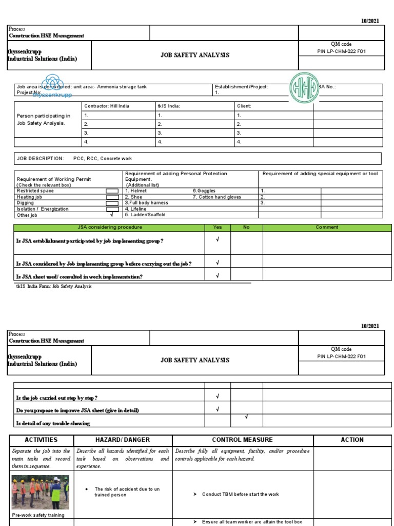 4.JSA For RCC, PCC & Concrete | PDF | Personal Protective Equipment ...
