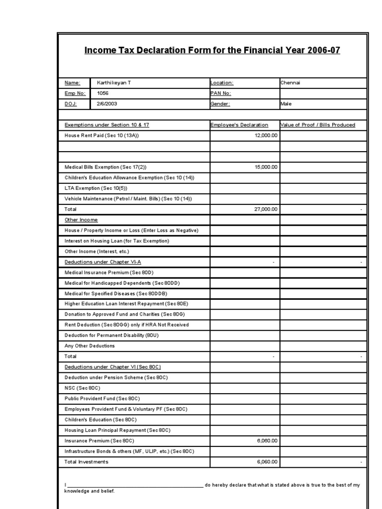 Income Tax Declaration Form For The Financial Year 2006-07 | PDF