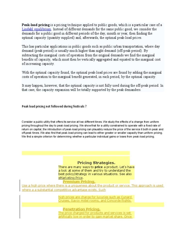 Lindahl Equilibrium: Peak-Load Pricing Is A Pricing Technique Applied ...