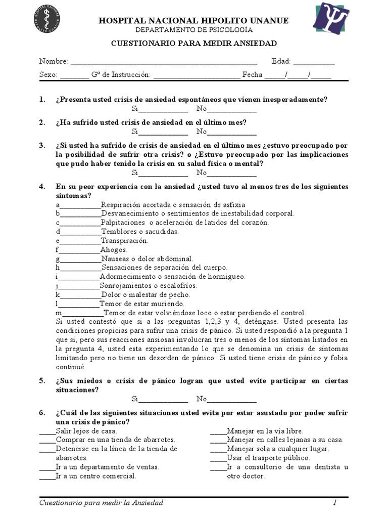 Cuestionario para Medir La Ansiedad - Adaptado | PDF | Fobia | Ansiedad
