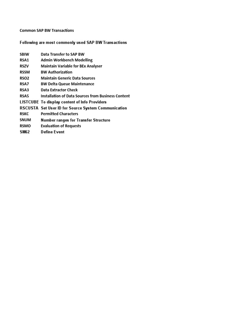 Key SAP BW Transactions Overview | PDF | Information Technology ...