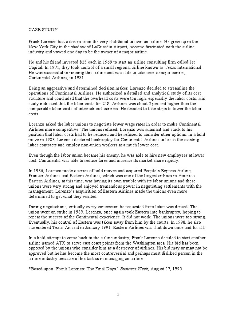 Frank Lorenzo - Case Study | PDF | Labour Economics | Continental Airlines