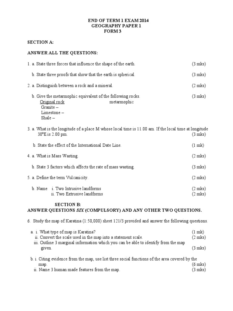 End of Term 1 Exam 2014 Geography Paper 1 Form 3 Section A: Answer All ...