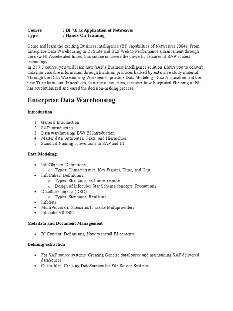 Enterprise Data Warehousing: Course: BI 7.0 As Application of Netweaver ...