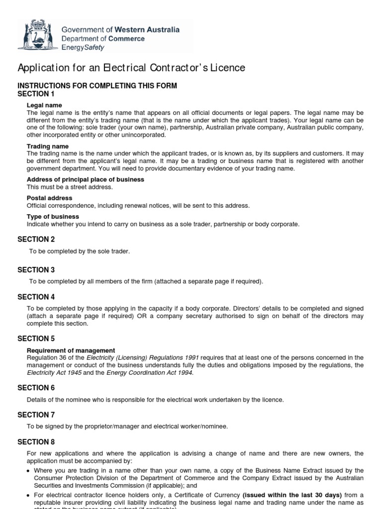 Application For An Electrical Contractor's Licence: Instructions For ...