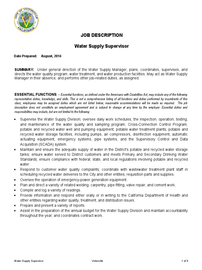 Job Description Water Supply Supervisor | Download Free PDF | Reclaimed ...
