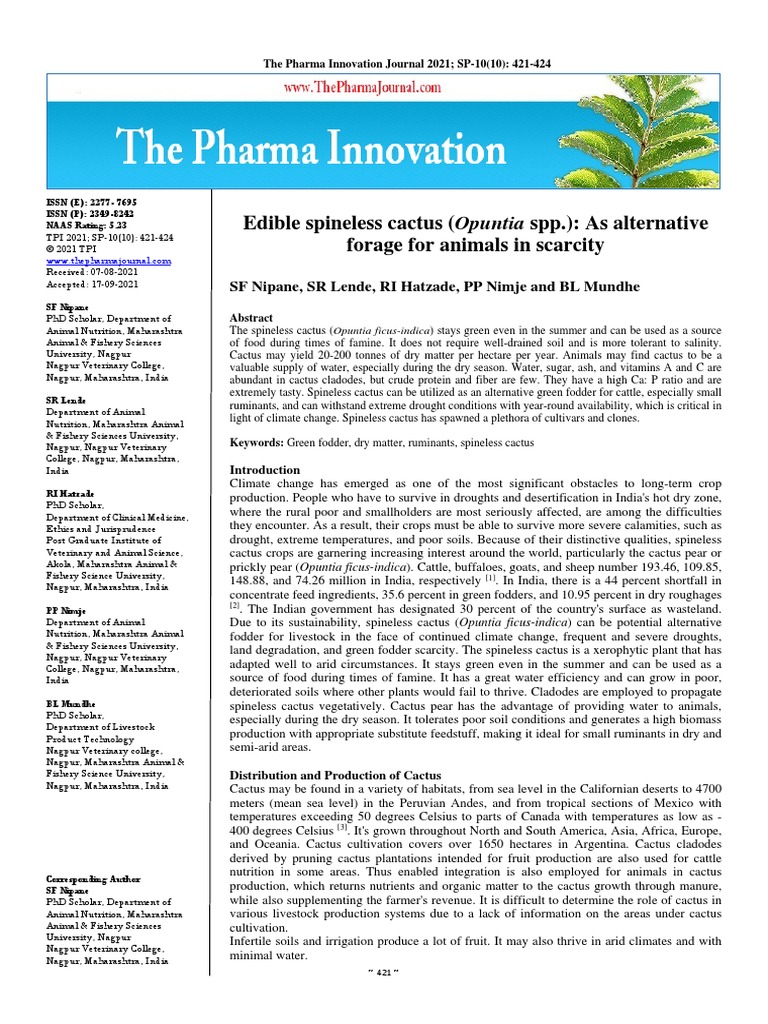 Edible Spineless Cactus (Opuntia SPP.) As Alternative Forage For ...