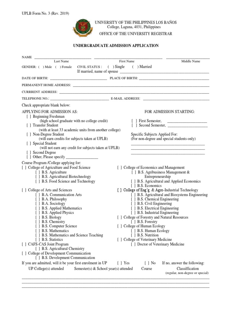 Undergraduate Application Form (UPLB Form No. 3) | PDF | Bachelor Of ...