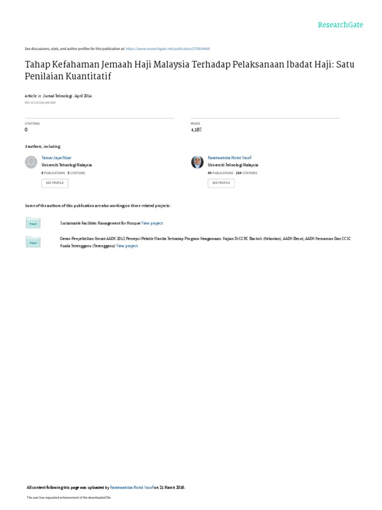 Tahap Kefahaman Jemaah Haji Malaysia Terhadap Pelaksanaan Ibadat Haji: Satu Penilaian ...